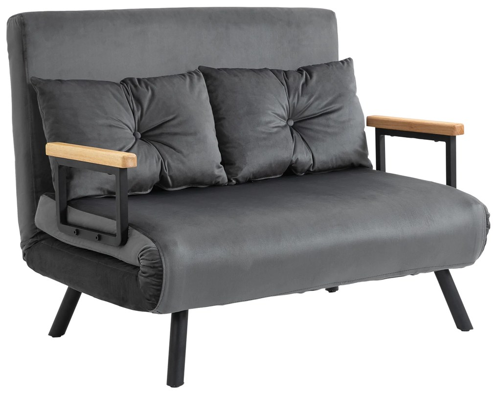 HOMCOM Rozkládací pohovka s podnožkou Gauč s funkcí spaní Rozkládací pohovka se sametovými opěrnými polštáři Tmavě šedá 102 x 73 x 81 cm