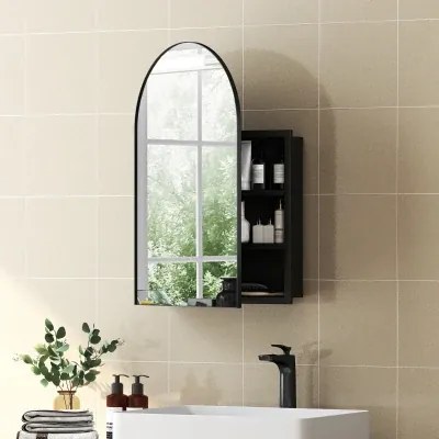 HOMCOM Zrcadlová skříňka do koupelny, klenutá koupelnová skříňka s dveřmi otočnými o 180°, 3 policemi, kovová, černá 50 x 12 x 76 cm