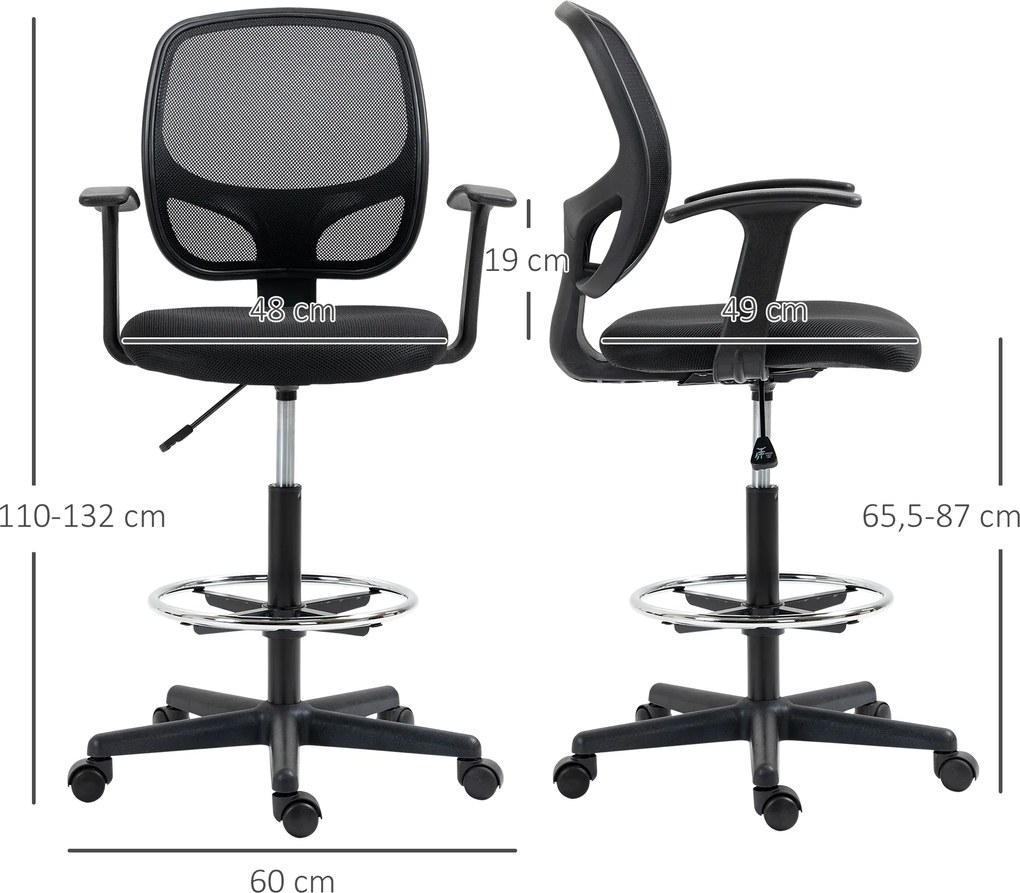 Ergonomická kancelářská židle Vinsetto kancelářská židle, otočná židle, kreslící židle, nastavitelný kroužek na nohy, do 120 kg, černá, 60x56x110-132…