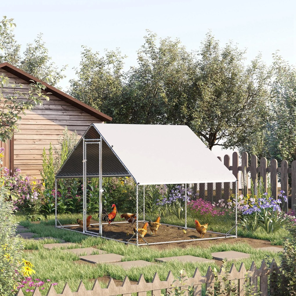 Ocelový kurník PawHut pro volný chov kuřat, 300 x 200 cm, klec pro kuřata s víkem, dvířka, výběh pro 4-6 kuřat, malá zvířata, stříbrný