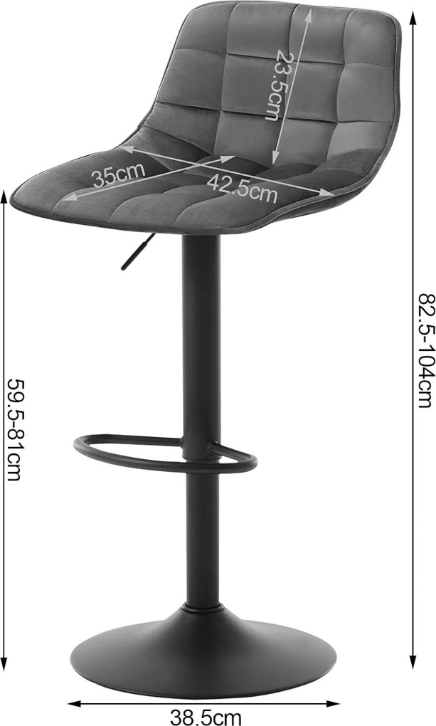 WOLTU Otočné výškově nastavitelné barové židle s opěrkou, sametové – sada 2 ks, tmavě šedé
