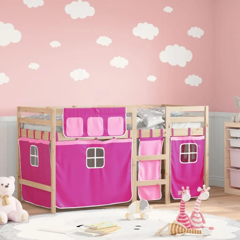 Dětská patrová postel se závěsy růžová 90 x 200 cm borovice - Default Title