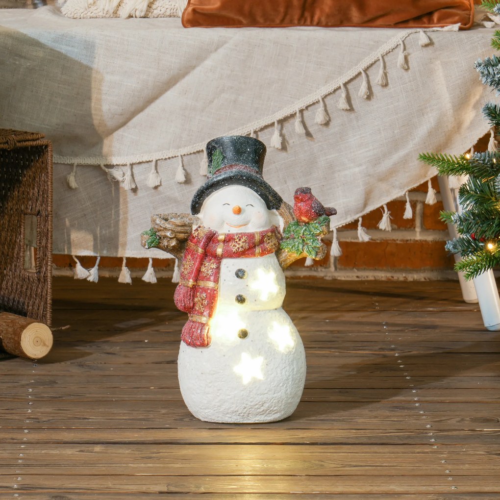 HOMCOM Vánoční dekorace, sněhulák s ptákem, 4 teplé bílé LED, na baterie, 25 x 15,5 x 38 cm