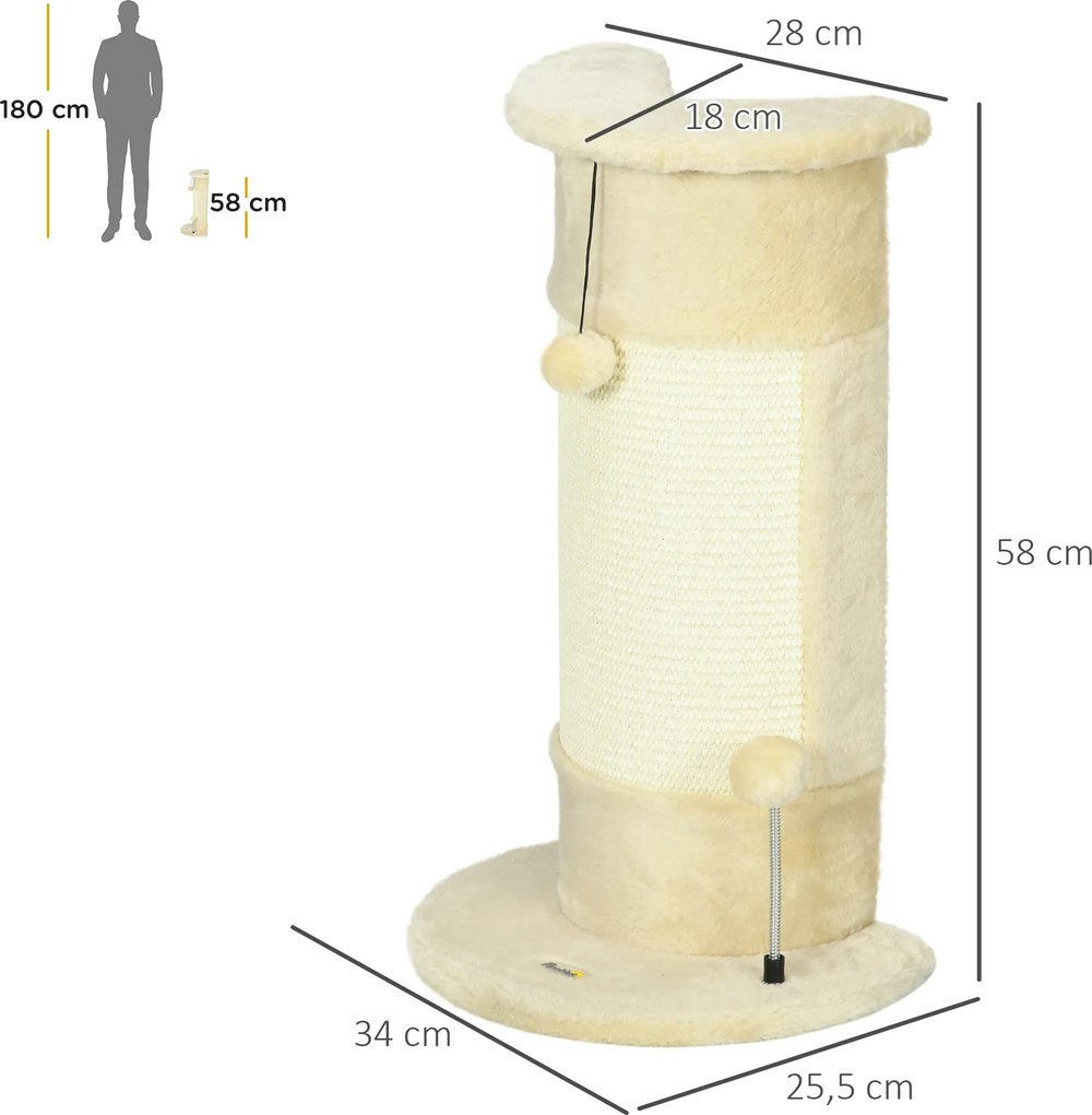 Škrabadlo PawHut pro kočky s hračkami a 2 míčky, ze sisalu a měkkého plyše, 34 x 25,5 x 58 cm, ideální pro malé kočky, krémově bílé | Aosom.de