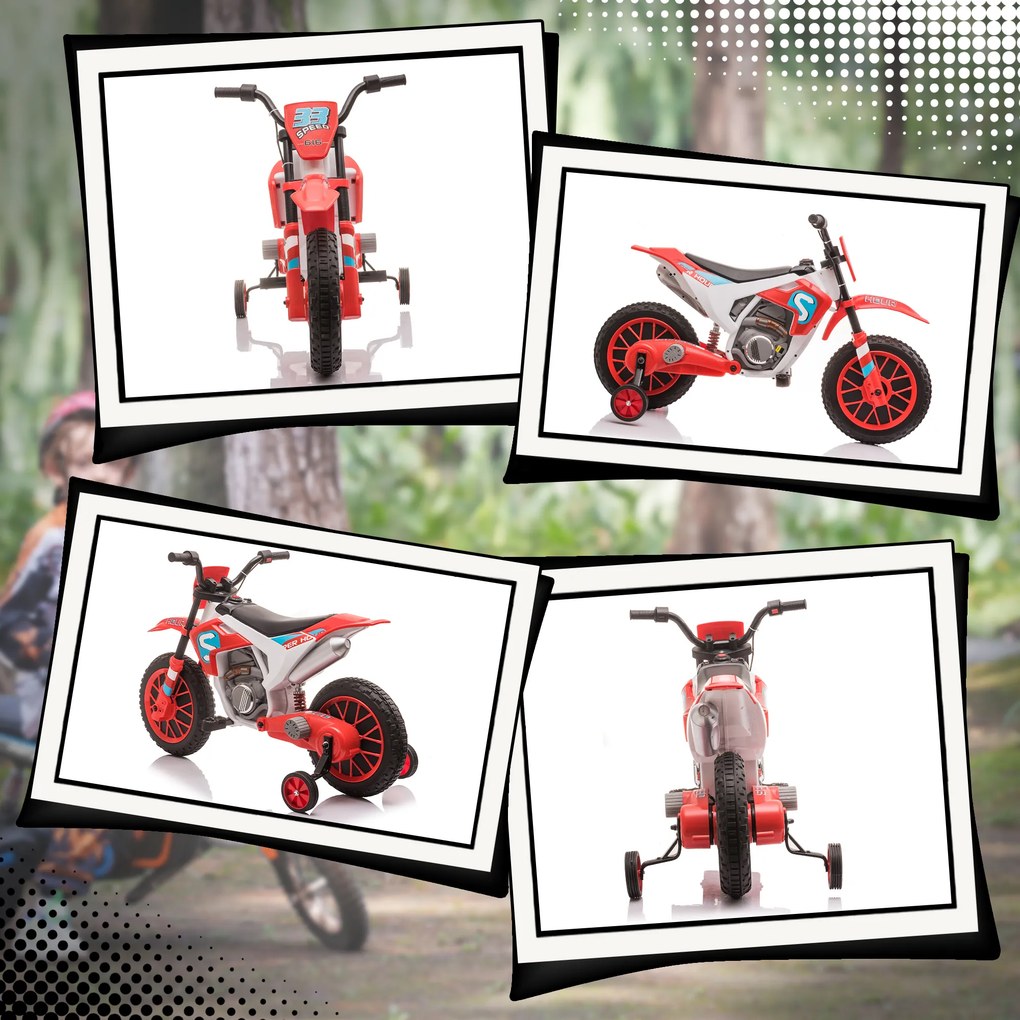 HOMCOM Dětská Elektrická Motorka 12V s 2 Odnímatelnými Stabilizátory pro Děti od 3 Let PP Kovová Červená+Bílá 106,5 x 51,5 x 68 cm