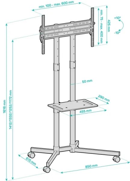 CONNECT IT CMH-9100-BK - Pojízdný stojan s policí pro TV 37-70” černá