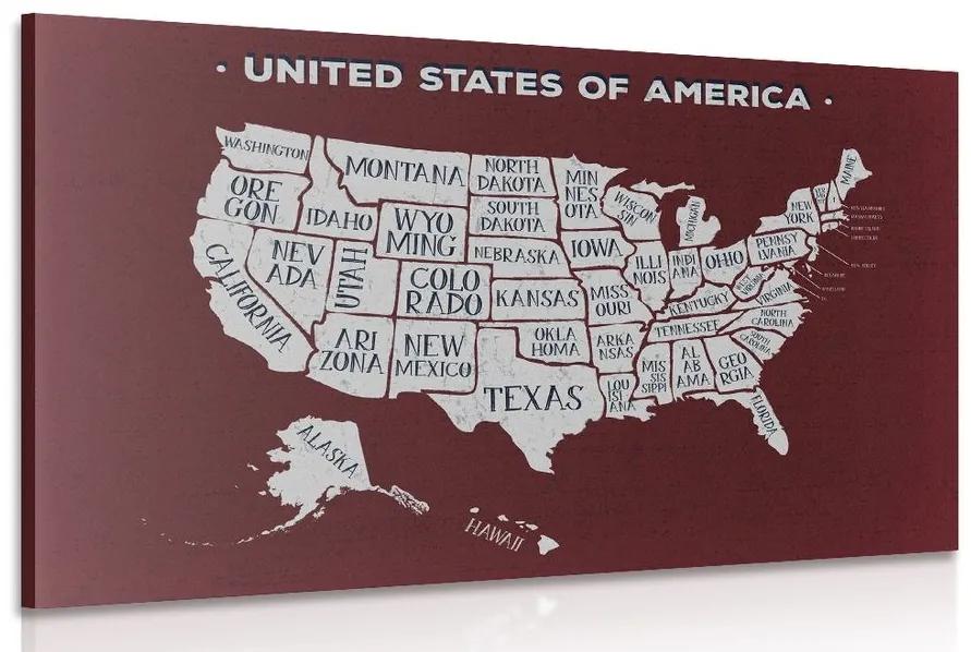 Obraz naučná mapa USA s bordovým pozadím - 120x80 cm