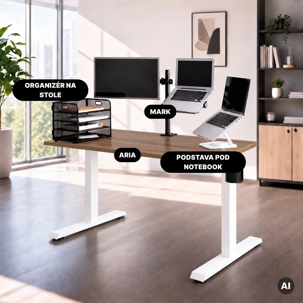 Elektrický stůl s nastavitelnou výškou ergonomický bílý/ořech,1200x600 mm: ARIA