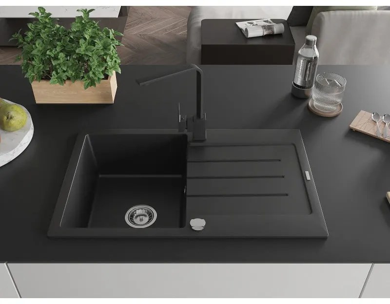 Mexen Bruno, dřez granitový 795x495x200 mm, 1-komorový, černá s chromovým sifonem a černá dřezová baterie Rita, 6513-77-670300-70