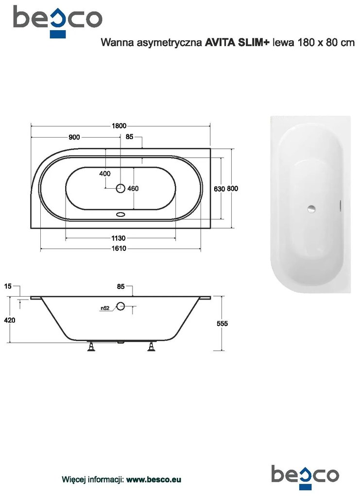 BESCO Asymetrická vana AVITA SLIM+ Nožičky k vaně - S nožičkami, Rozměr vany - 180 × 80 cm, Způsob provedení - Levé - VANAVIT18SLIMLP+OLVPINOZSTELWD