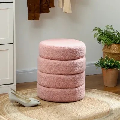 HOMCOM Taburet, kulatý, teddy fleece, do 120 kg, Φ40x45H cm, růžová