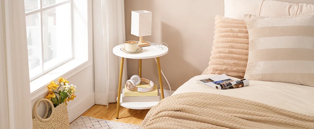 Kulatý odkládací stolek Vasagle Luretta 40 cm s nabíjecí stanicí bílý/zlatý