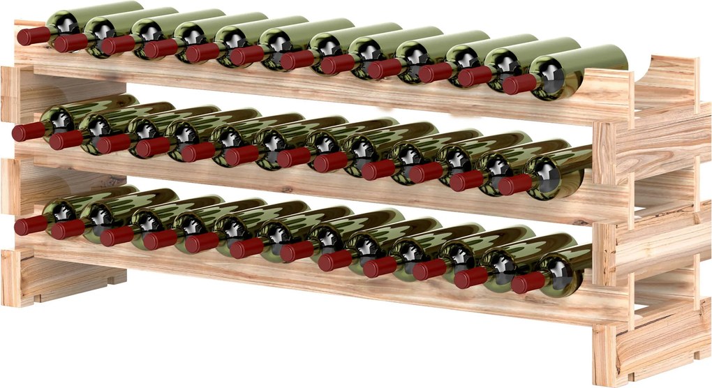 HOMCOM regál na lahve pro 36 lahví, 3-patrový modulární vinný regál, 114×28×42,5 cm, přírodní dřevo