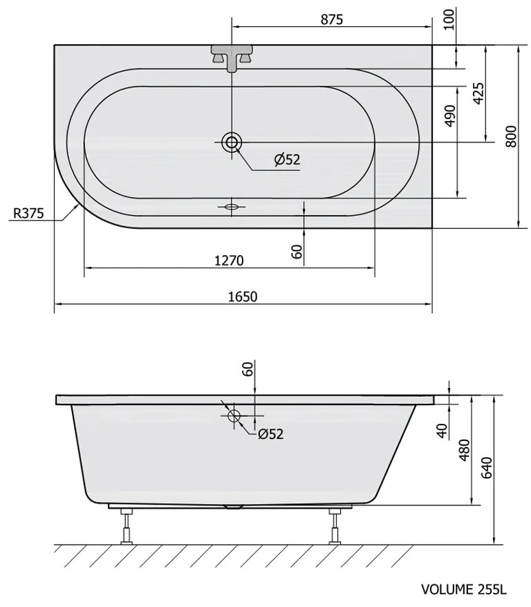 Polysan ASTRA R asymetrická vana s konstrukcí 165x80x48cm, bílá, 34711