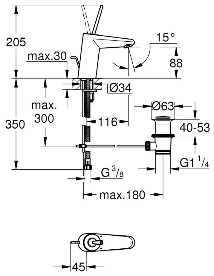 Grohe Eurodisc Joy - Páková umyvadlová baterie stojánková s odtokovou garniturou, chrom 23425000