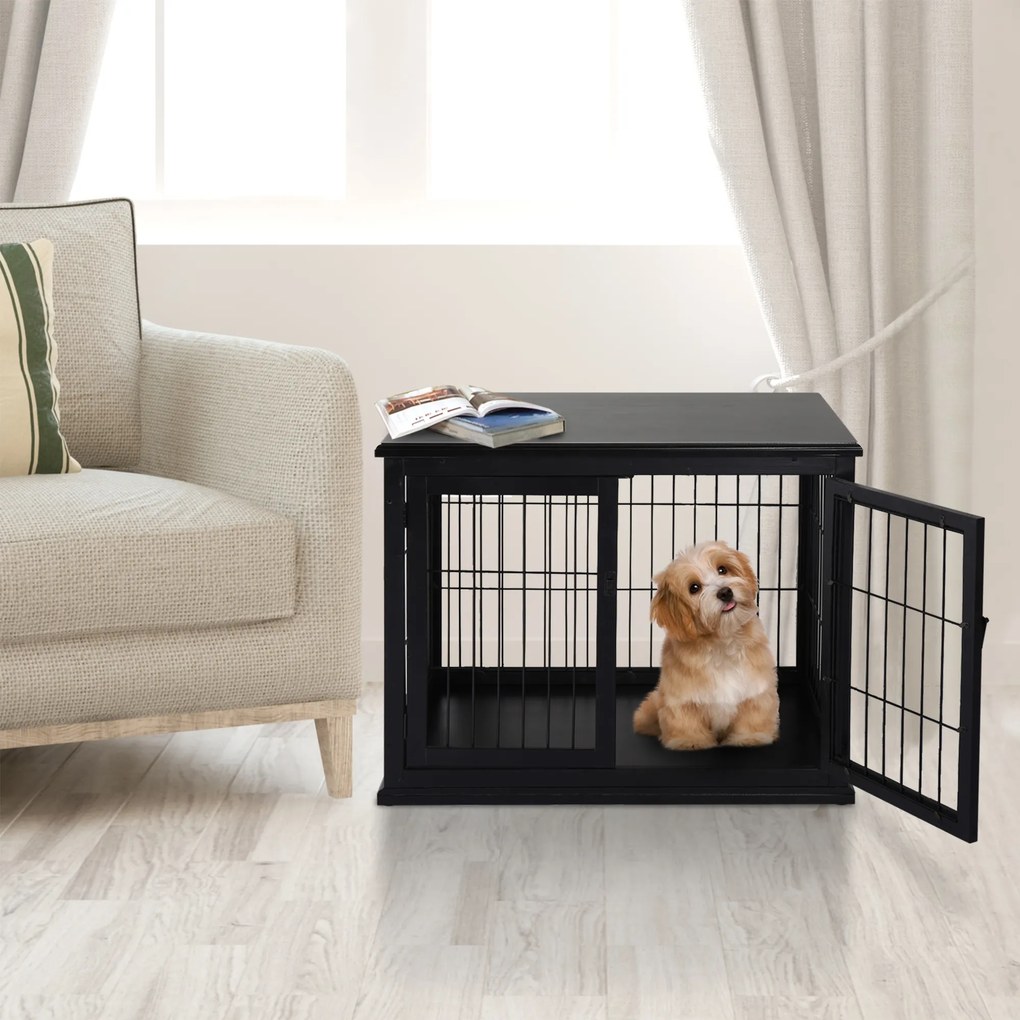 PawHut bouda pro psy, klec pro malá zvířata, MDF kov, černá, 81x58,5x66 cm