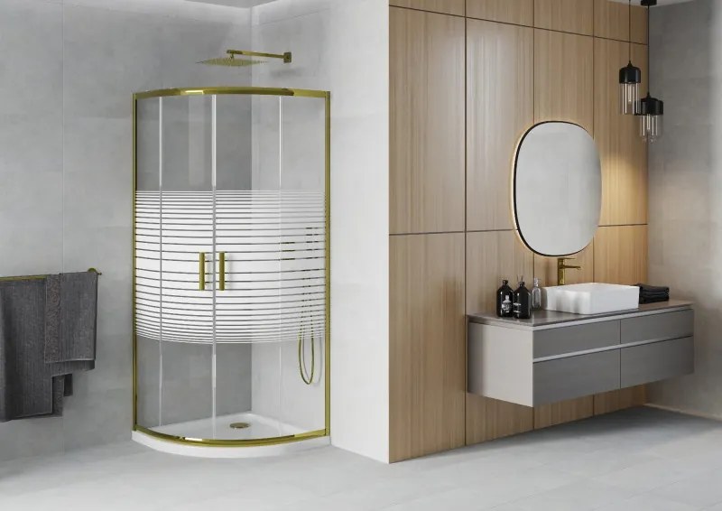 Mexen Rio, čtvrtkruhový sprchový kout 90(dveře)x90(dveře)x190 cm, 5mm čiré sklo s pásky, zlatý profil + bílá sprchová vanička SLIM, 863-090-090-50-20-4110G