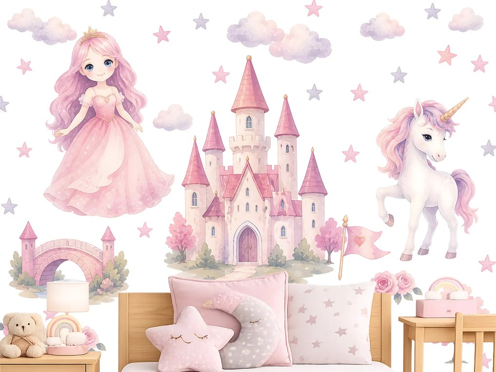 Princezna a růžové království samolepky na zeď pro holky arch 100 x 71 cm