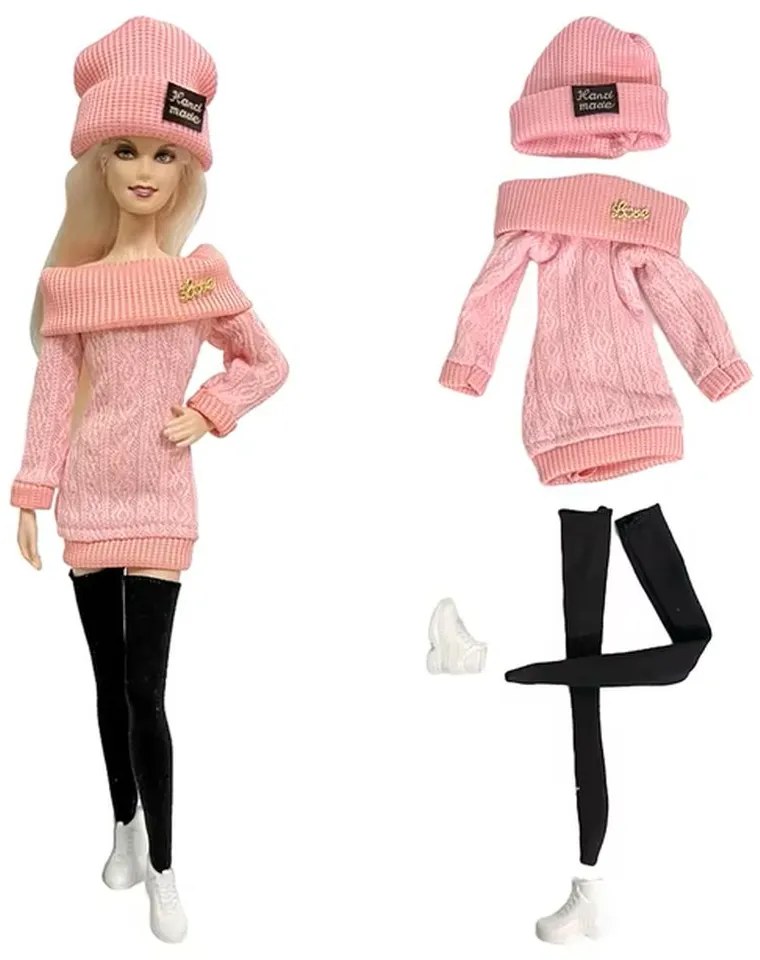 Módní oblečení pro Barbie - sada oblečení s doplňky Varianta: N set legíny+růžový svetr+čepice