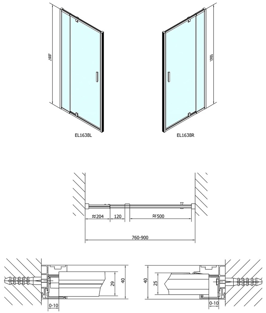 Polysan, EASY LINE otočné sprchové dveře 760-900mm, sklo BRICK, EL1638
