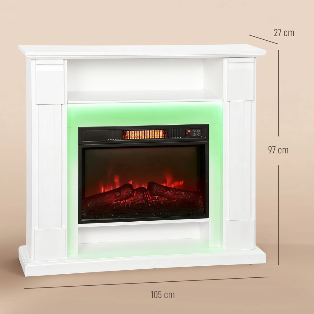HOMCOM Elektrický krb s LED světly, realistický efekt plamenů, 1800W, krbový říms, 2 dálkové ovladače, sklo, bílá