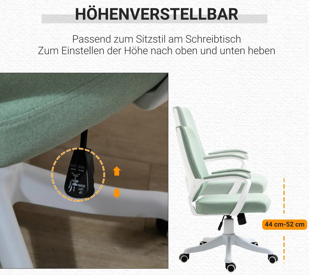Kancelářská židle Vinsetto ergonomická s houpací funkcí čalouněná 360° otočná kolečka polyester zelená 62x69x92-100cm | Aosom.de