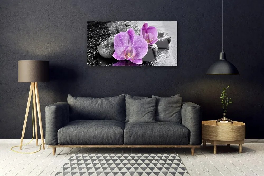 Obraz na skle Orchidej Květiny Kameny Zen 125x50 cm