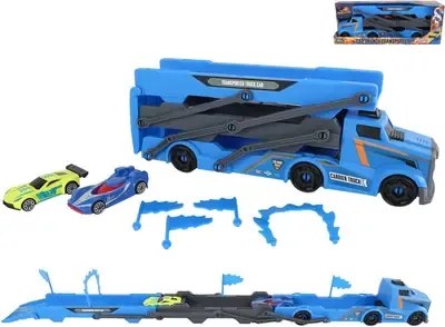 Auto tahač s vystřelovací dráhou / Herní set / 2 autíčka + doplňky / o