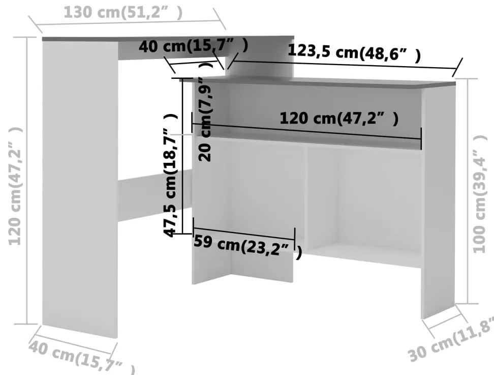 vidaXL Marketos Barový stůl se 2 stolními deskami bílý a šedý 130 x 40 x 120 cm