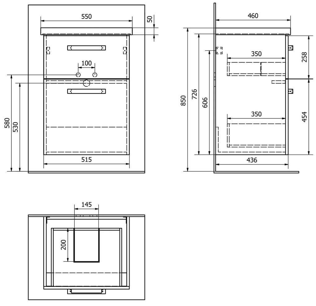 Aqualine VEGA umyvadlová skříňka 51,5x72,6x43,6cm, 2x zásuvka, bílá - VG053