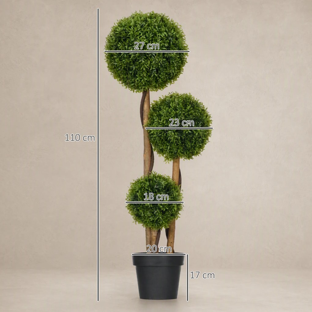 Umělý strom HOMCOM, Umělá rostlina, Zelený buxus se 3 koulí z bambusových listů, Včetně květináče, Pro vnitřní i venkovní použití, Výška 110 cm, Bez …
