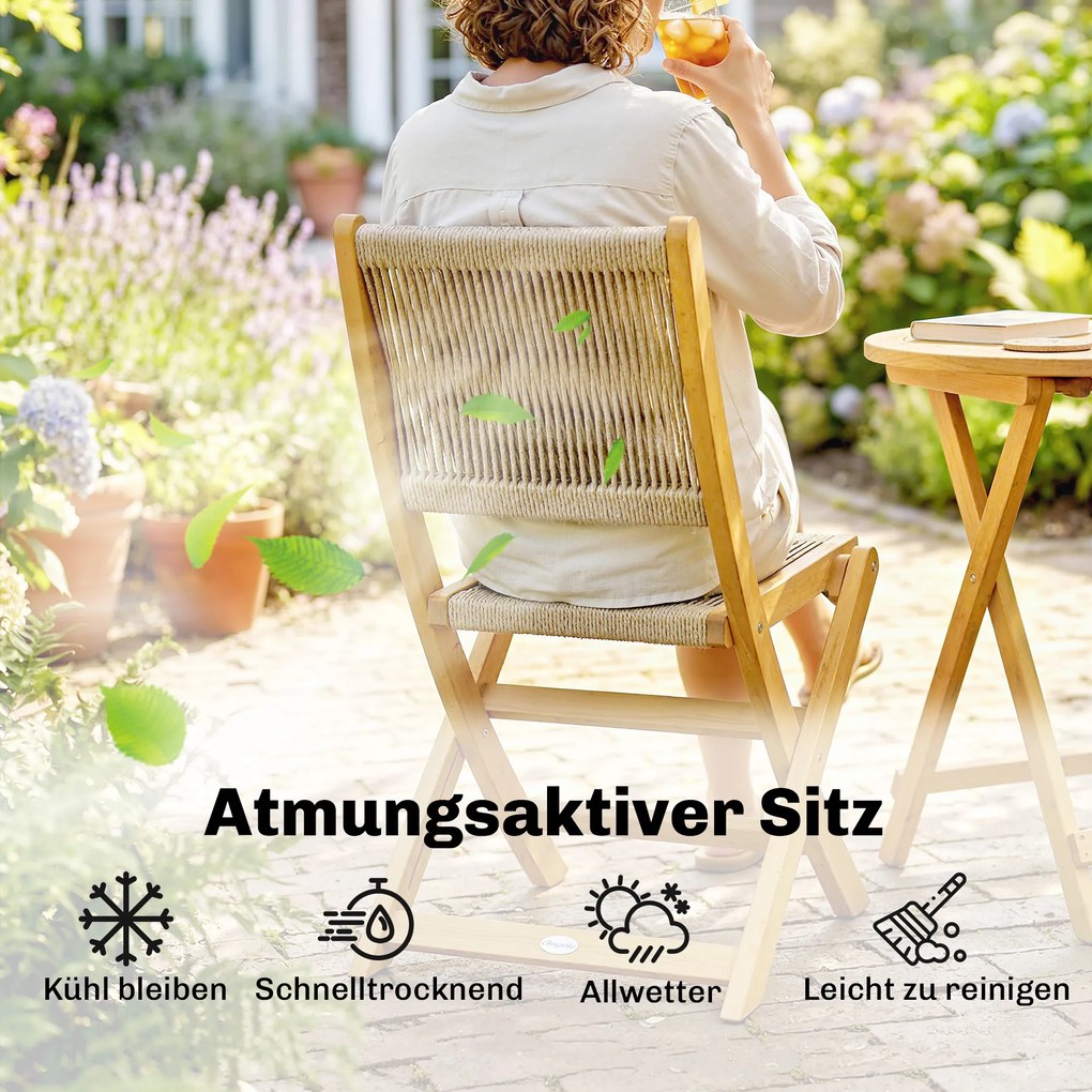 Outsunny 3dílný bistro set z akáciového dřeva – kulatý stůl + 2 skládací židle s PP provazem, přírodní
