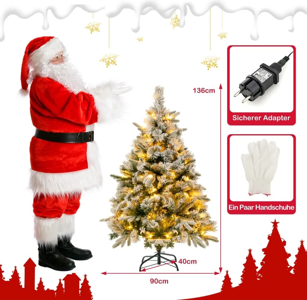 Costway Umělý vánoční stromek 136 cm se sněhem a 150 teplými bílými LED světly