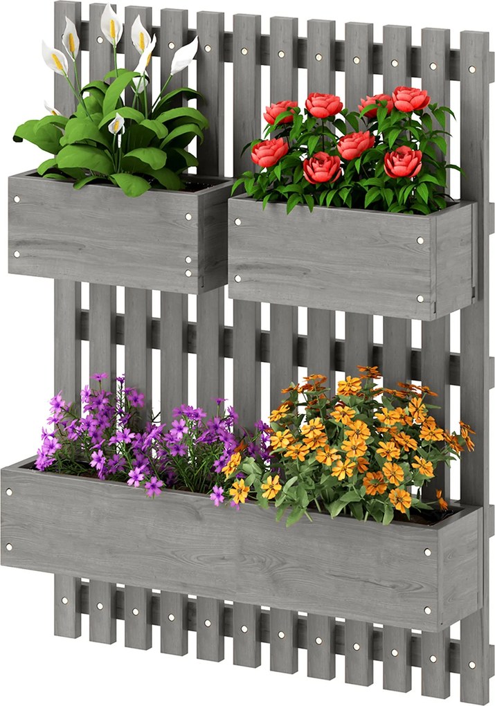 Outsunny nástěnný vertikální truhlík — 3 odnímatelné truhlíky z masivní jedle s netkanými vložkami, 60 × 16 × 80 cm (šedá) | Aosom
