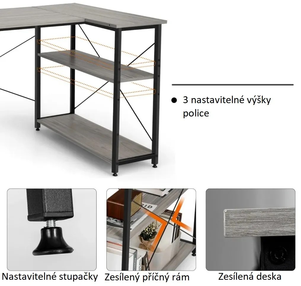 Rohový kancelářský PC stůl tvaru L s policemi, šedý, 120 x 88 x 74,5 cm CB10121GR