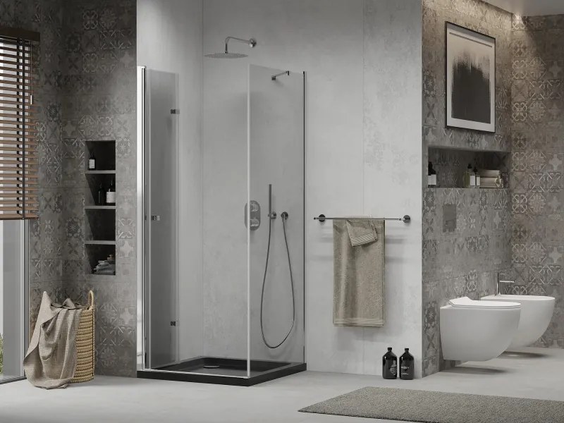 Mexen Lima, sprchový kout se skládacími dveřmi 80 (dveře) x 80 (stěna) cm, 6mm čiré sklo, chromový profil + slim sprchová vanička černá + chromový sifon, 856-080-080-01-00-4070