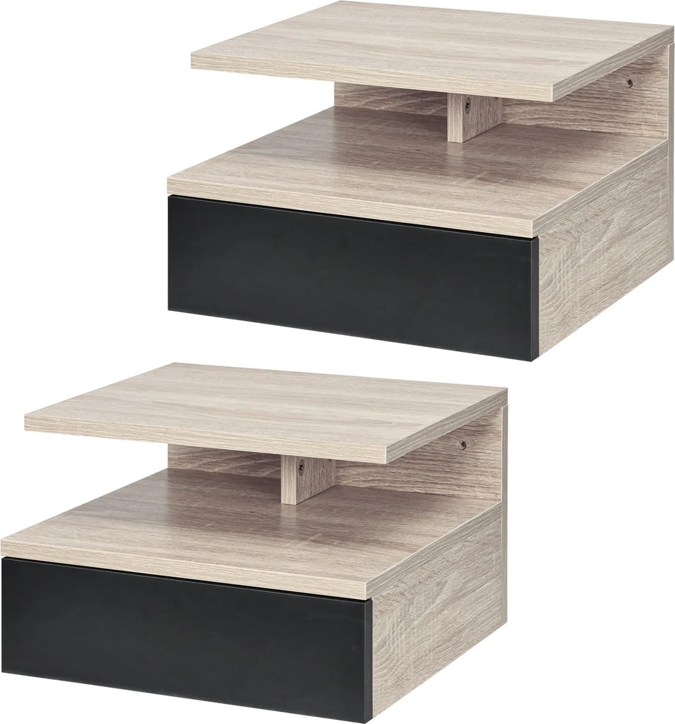 HOMCOM Sada 2 Floating Nočních Stolků Závěsných Nočních Stolků s 1 Šuplíkem a Otevřenou Policí do Ložnice 35x32x22,5 cm Dub a Černá | Aosom
