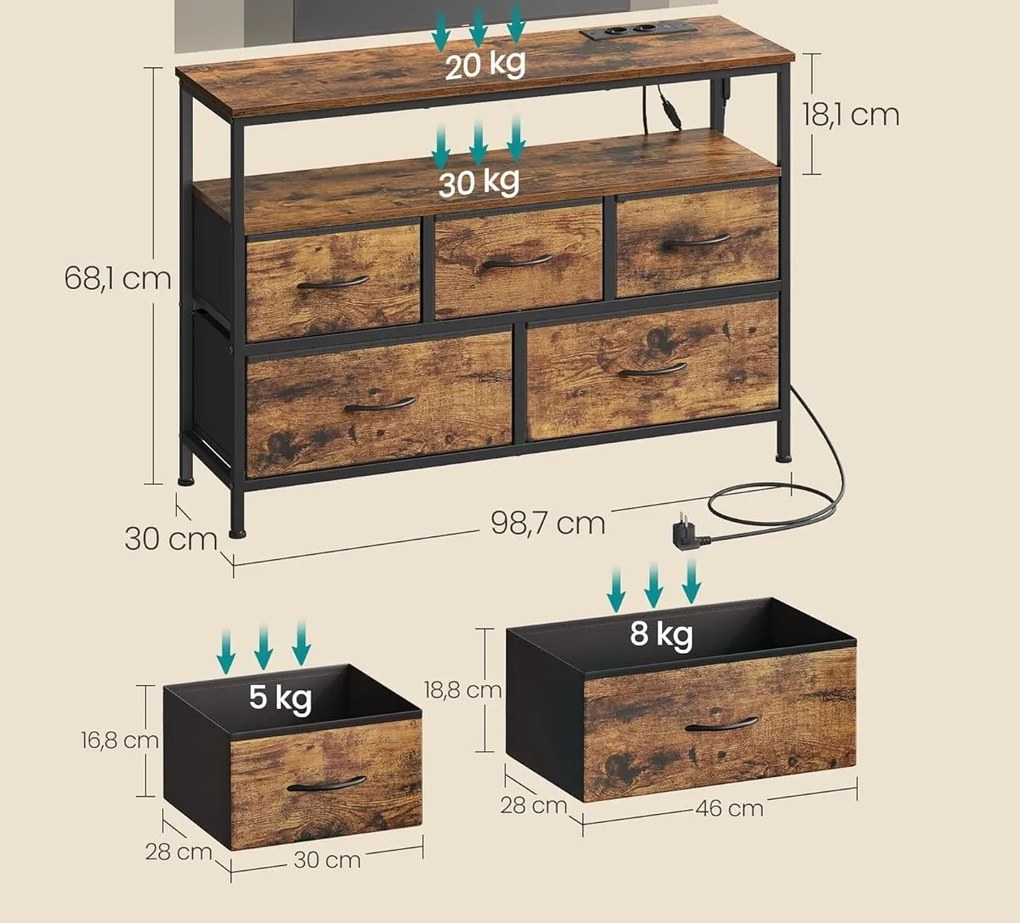 Komoda s LED osvětlením a nabíjecí stanicí Vasagle Mory 98,7 cm hnědá/černá