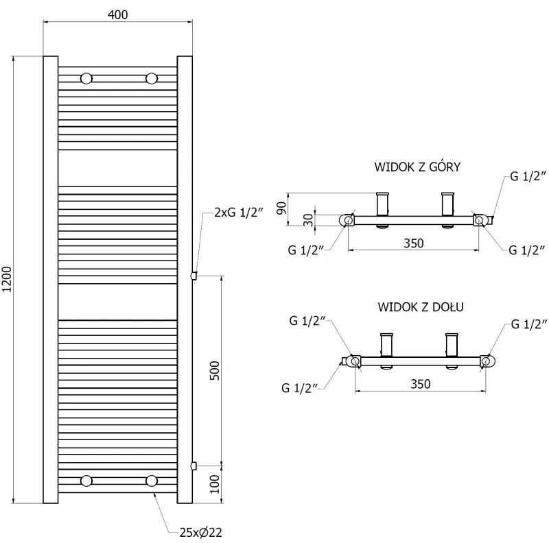 Mexen Mars, topné těleso 1200 x 400 mm, 439 W, boční pravé a spodní připojení, bílá, W110-1200-400-00-20-S