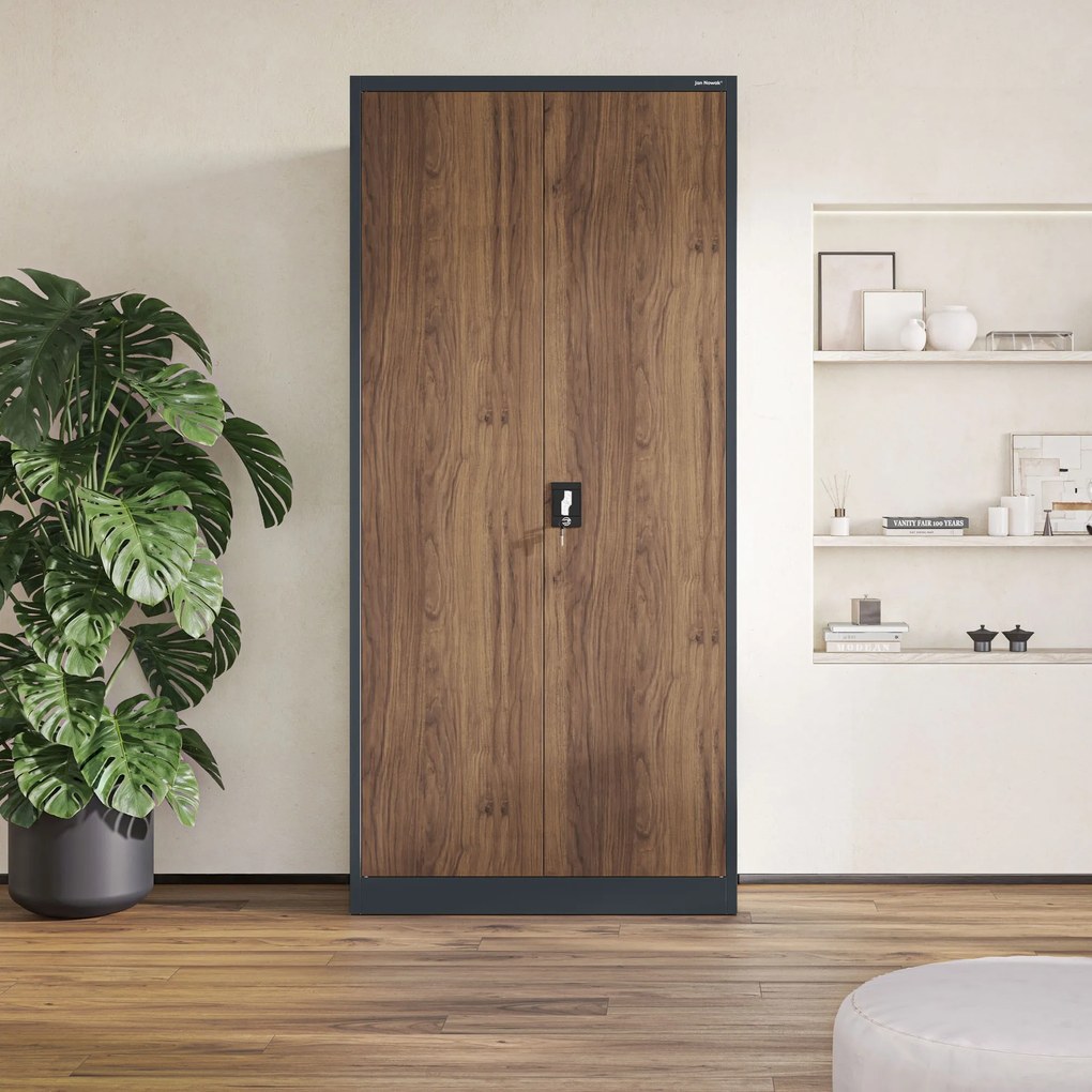 Vysoká kovová kancelářská skříň na dokumenty, antracit/ořech, 900x1950x400 mm: JAN H Eco Design