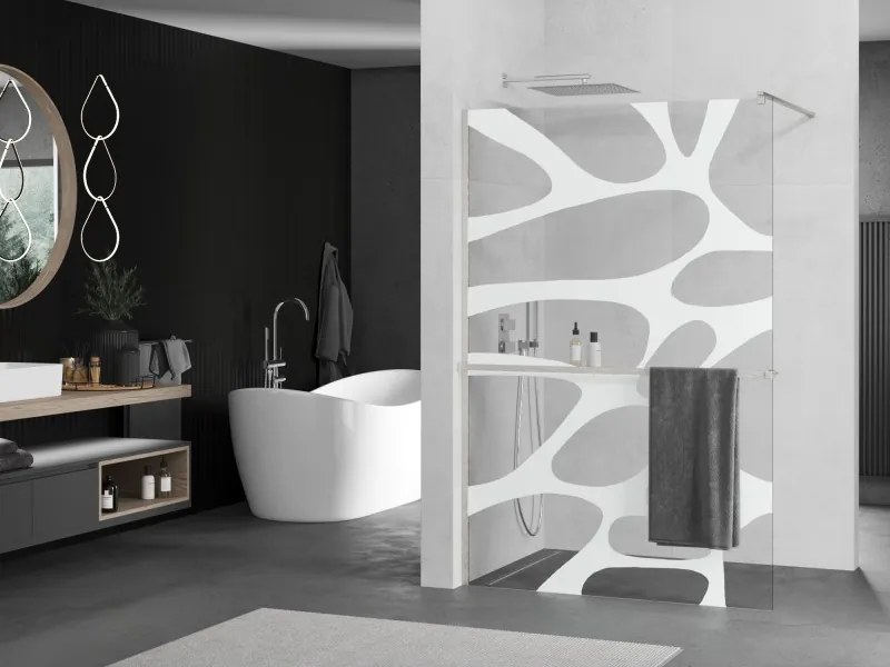 Mexen Kioto+, sprchová zástěna Walk-In s poličkou a věšákem 70 x 200 cm, 8mm čiré sklo bílý vzor, broušená ocel profil, 800-070-121-97-97
