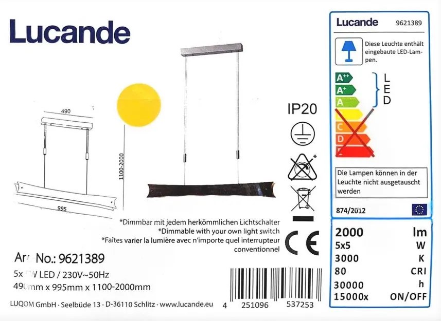 Lucande - LED Stmívatelný lustr na lanku EBBA 5xLED/5W/230V