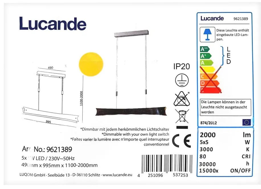 Lucande Lucande - LED Stmívatelný lustr na lanku EBBA 5xLED/5W/230V LW0323