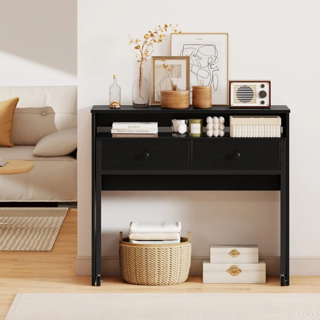 Costway Rozkládací stolek malý s 2 zásuvkami a kolečky – 100 – 100 × 63 × 88 cm