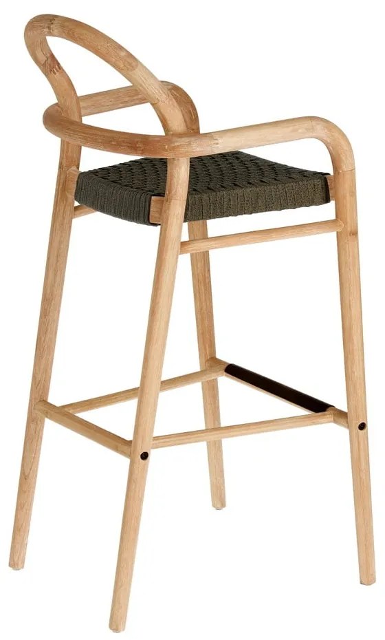 Zahradní barová židle z eukalyptového dřeva se zeleným výpletem Kave Home Sheryl, výška 79 cm