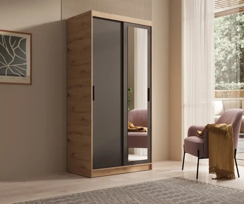Šatní skříň s zrcadlem Hailey 100 artisan – černá