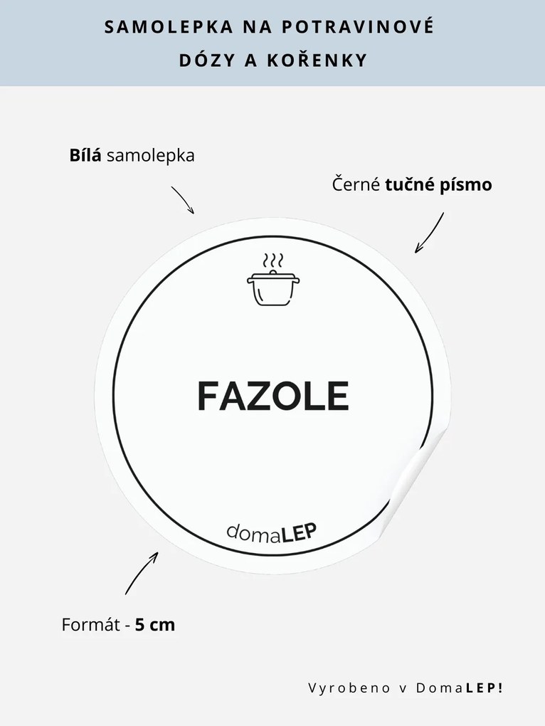 FAZOLE ČERVENÉ – bílá samolepka na dózu, tučné písmo, 5 cm | DomaLEP