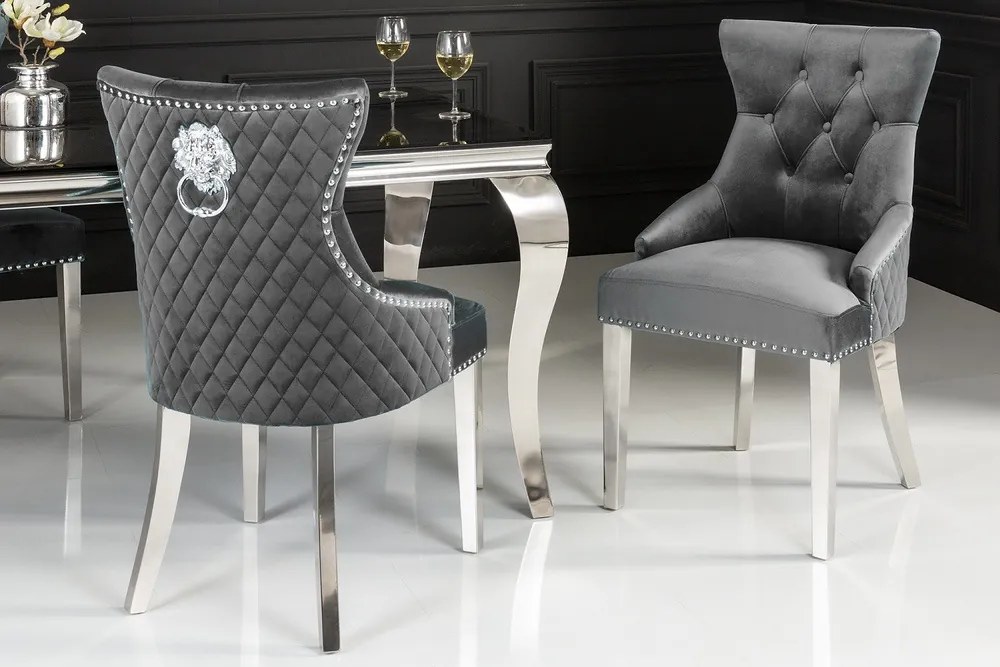 Designová židle Queen Lví hlava samet šedá - skladem