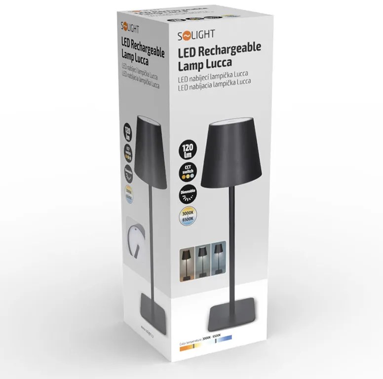 SOLIGHT LED nabíjecí lampička Lucca, 120lm, změna CCT, stmívání, černá
