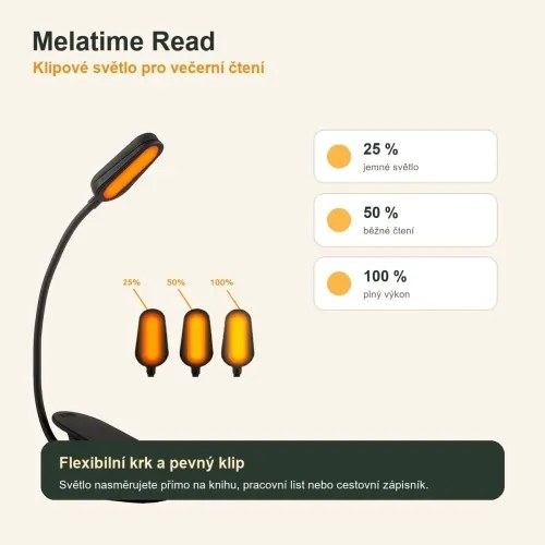 Lumbio Dobíjecí LED lampička na čtení MELATIME krokově stmívatelná 1600K bez modré složky s CLIP-ONEM